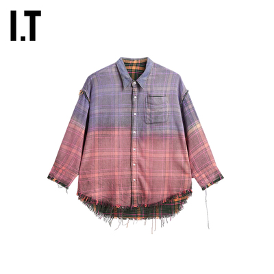 ITR13毛边格纹长袖衬衫