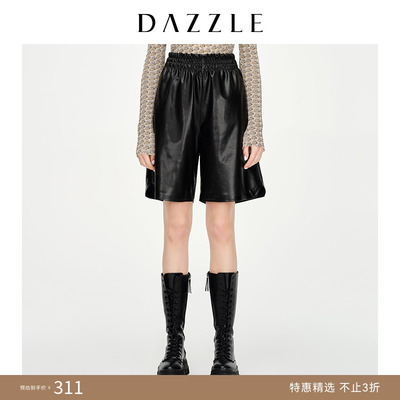 DAZZLE地素奥莱 春装黑色仿皮弹力pu皮松紧腰短裤女2D1Q1