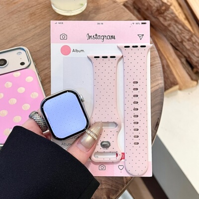 粉色小波点适用iwatchs11/10苹果手表表带SE硅胶Applewatchs9/8/7