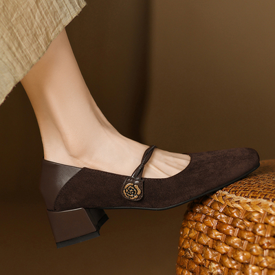 Dale~磨砂复古款绒面粗跟单鞋