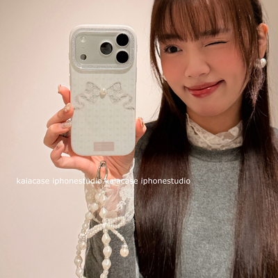 kaia 法式温柔蕾丝蝴蝶结珍珠适用苹果18promax手机壳iphone16pro新款13女14pro腕带链条15pro全包防摔手机套