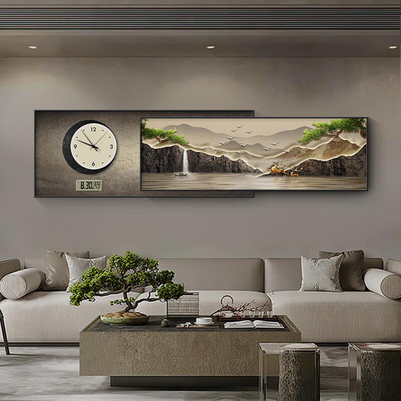 蓝迪莺侘寂风迎客松万年历电子钟表挂钟客厅装饰画床头挂画艺术时