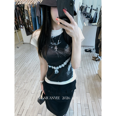 juanjuanyee【Black cat】天丝棉3d黑猫印花短袖修身弹力T恤上衣