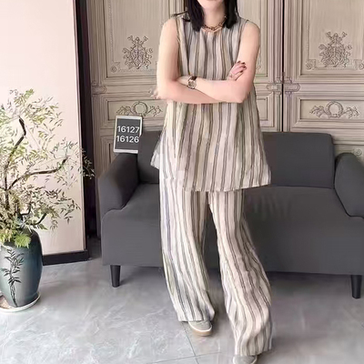 深圳南油＃2026春夏新款香港巴黎五区AK无袖收腰休闲裤条纹两件套