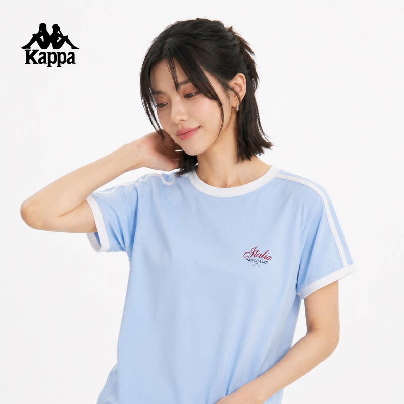 Kappa卡帕撞色浅蓝圆领短袖T恤多配色美式复古甜酷辣妹风运动少女