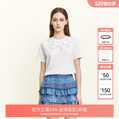 FIVE PLUS女夏装波嬉风立体蝴蝶结圆领桑蚕丝短袖女装