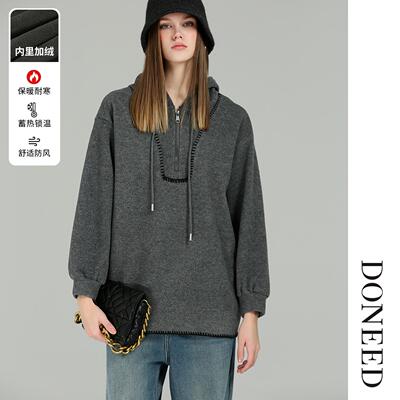 冬季加绒连帽半拉链抽绳显瘦卫衣