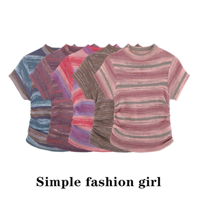 美式复古短款条纹圆领针织上衣女