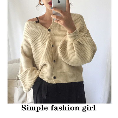 0慵懒风肩坑泡泡袖圆领针织毛衣