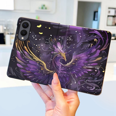 紫焰凤凰适用三星ZFold8手机壳翻盖皮套全包中轴铰链GalaxyZFold8折叠屏保护套皮革个性潮牌防摔卡通男女款