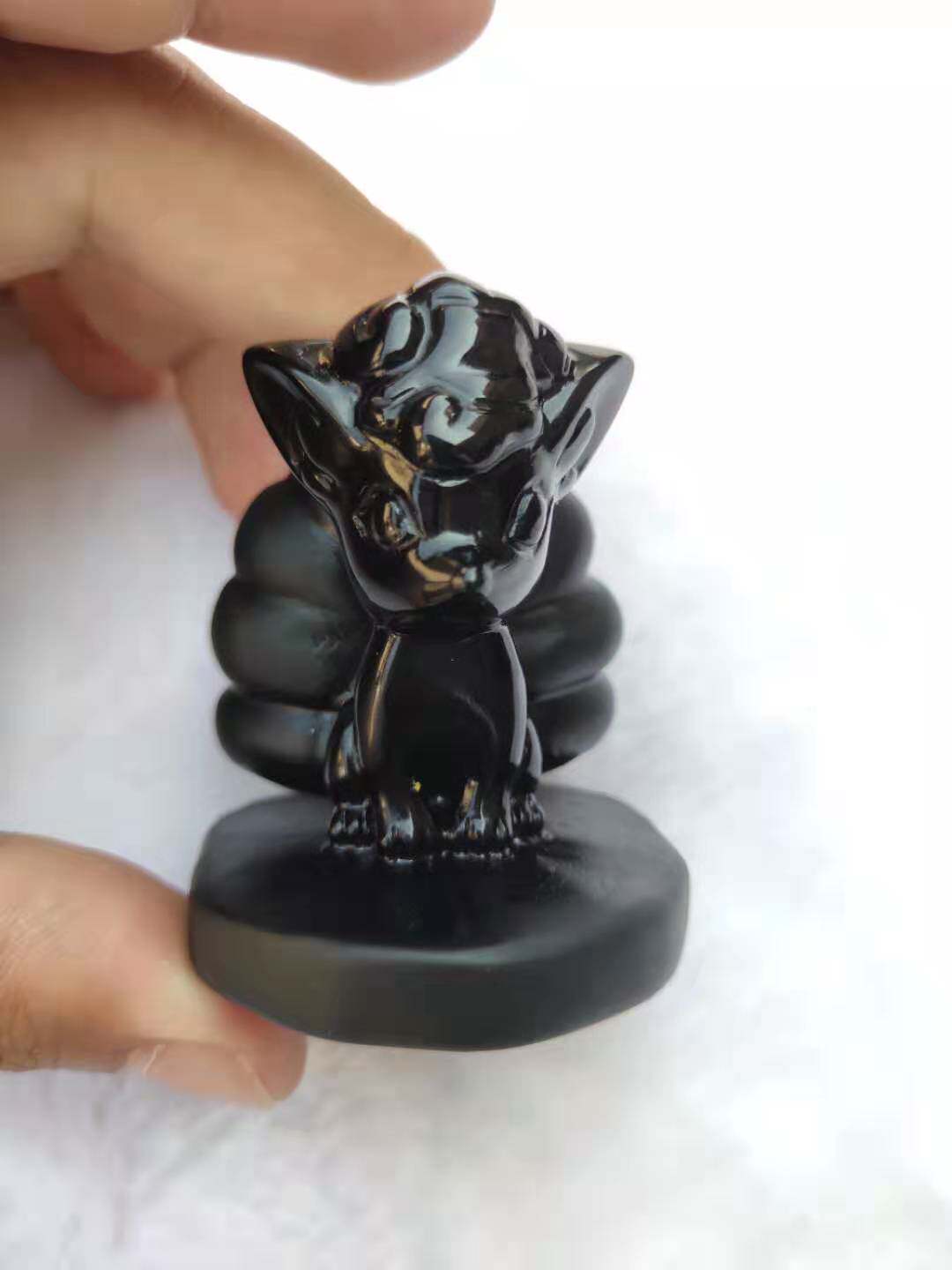 泉洛珠宝天然黑曜石雕刻件 手把件 家居饰品 水晶雕件 九尾狐