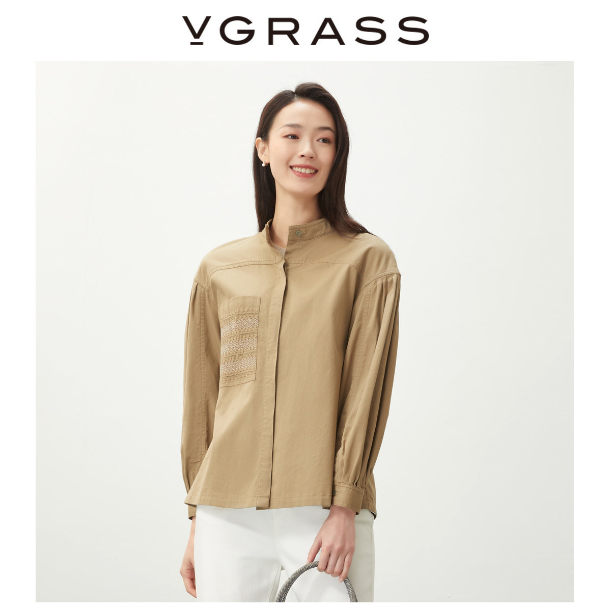 vgrass维格娜丝夏季新款纯棉立领衬衫女VSC3N20780_虎窝淘
