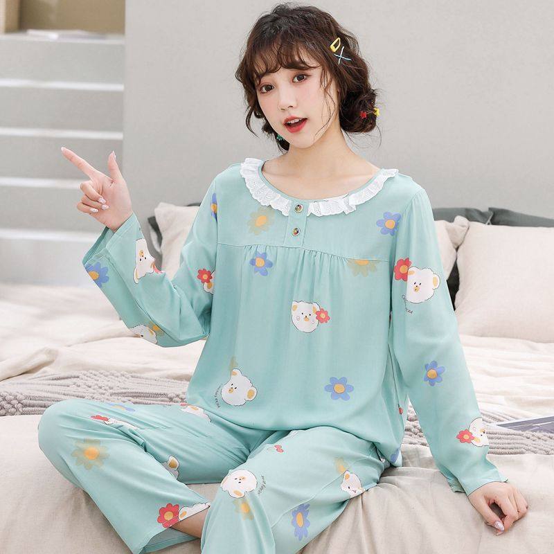 新款春秋绵绸睡衣女人造棉学生薄款夏天棉绸长袖家居服套装空调服