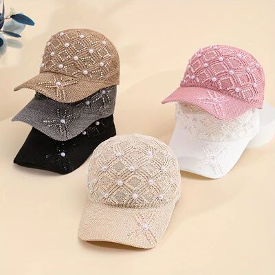 Four Leaf Flower Pearl Hat, Pearl Rhinestone Mesh Hat, Summe