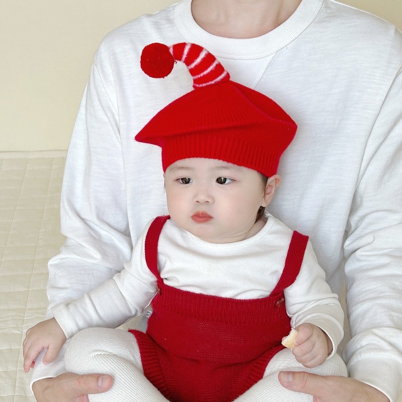 婴儿贝雷帽秋冬季双层搞怪小尾巴女童画家帽红色圣诞新年宝宝帽子