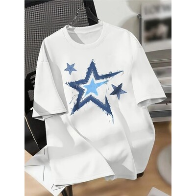 Star Print Drop-Shoulder Women TShirt Fashion Cotton Short-S
