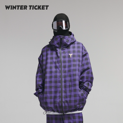WinterTicket双单板自由式OVERSIZE宽大嘻哈紫黑格纹3L夹克滑雪服