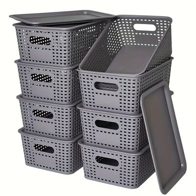 Modern Plastic Storage Baskets with Lid  Stacking, Multi-Pur