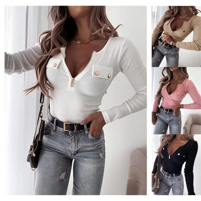 Sexy fashion slim long sleeve t-shirt性感长袖套头拉链上衣T恤