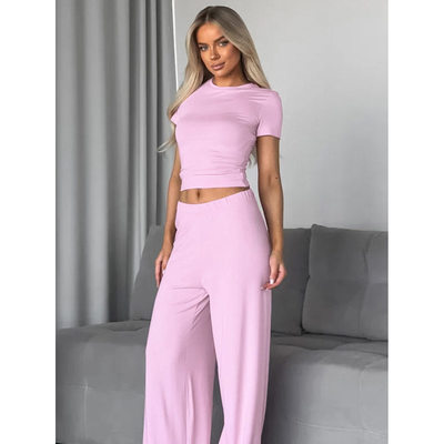 短袖长裤睡衣套装家居服两件套女纯色homewear pajamas set women