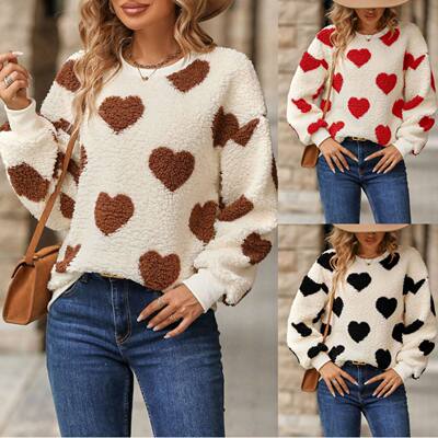 2025 Women's Plush Love Printing Loose Long Sleeve Sweater