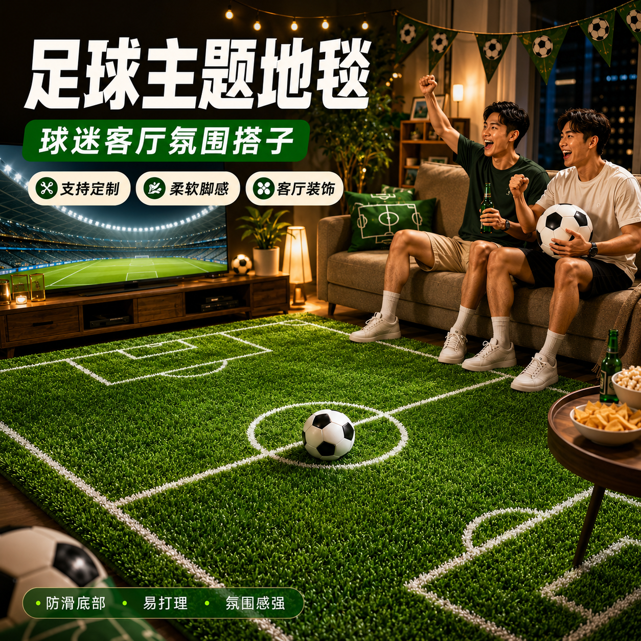 足球定制地毯世界主题家用客厅茶几绿茵球场地垫球迷用品酒吧装饰