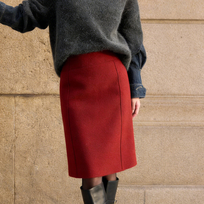 欧货高端定制红色毛呢大码半身裙