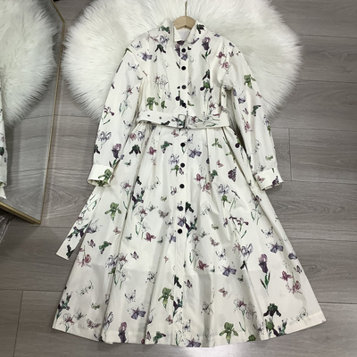 一善设计棉蝴蝶花朵印花长款衬衫连衣裙连衣裙(配腰带)Y20061