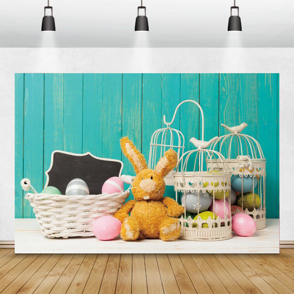 Laeacco Blue Wood Board Planks Rabbit Easter Eggs Party Pho_虎窝淘