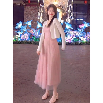 早春温柔甜美显瘦针织两件套长裙