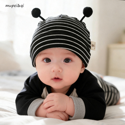 婴儿帽子春秋季纯棉条纹触角胎帽
