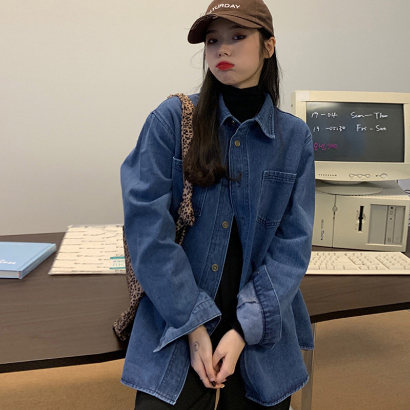 牛仔衬衫女春秋新款欧货设计感小众内搭叠穿衬衣外套宽松休闲上衣