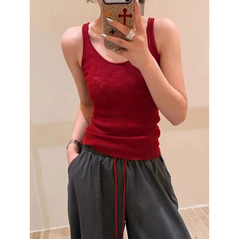 MosesQueen魔西女王红色针织吊带背心女外穿内搭修身遮副乳上衣