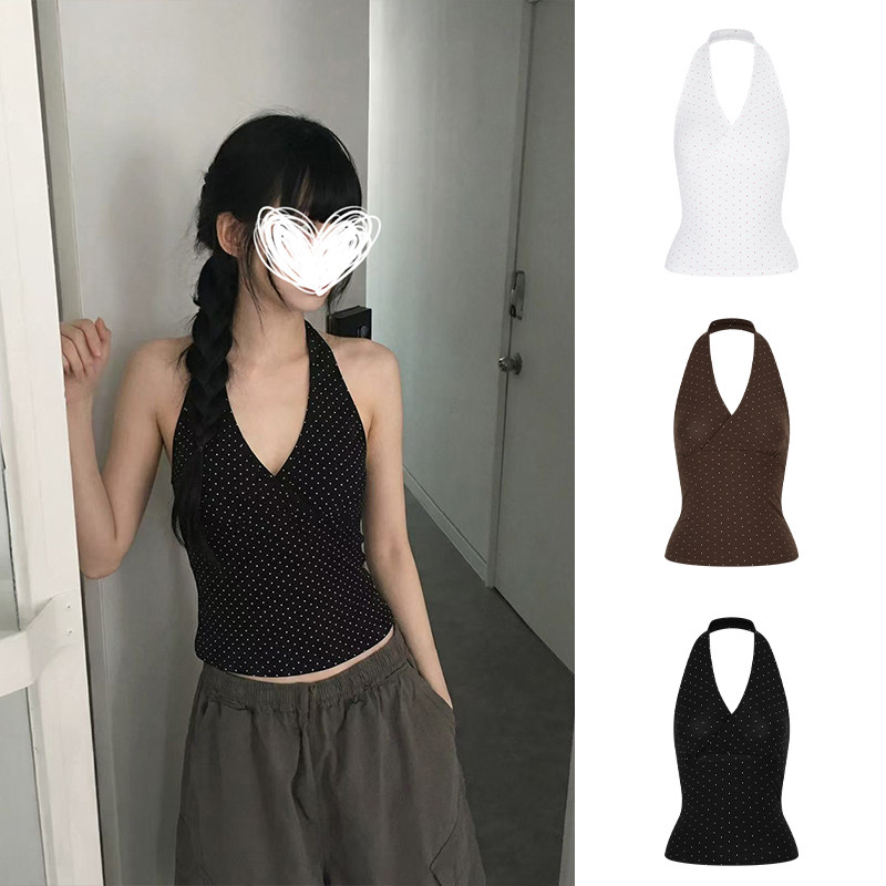 MosesQueen魔西女王波点挂脖吊带背心外穿设计感修身v领无袖上衣
