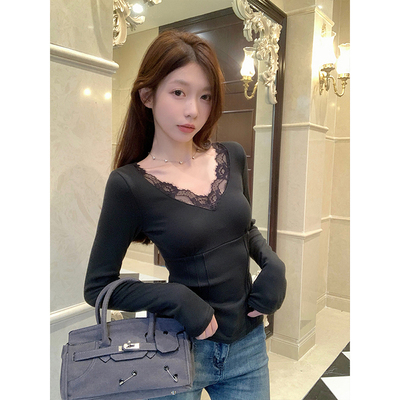 【清仓现货】纯欲后背蕾丝长袖拼接V领打底衫女加绒修身内搭上衣