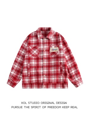 美式高街拼色刺绣格子衬衫夹克