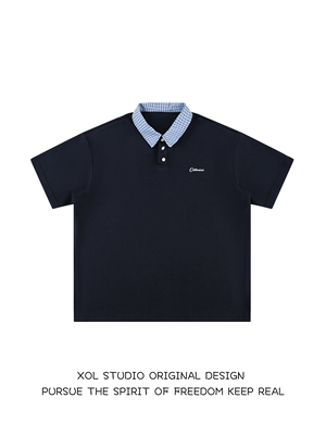 学院风拼接撞色格子短袖