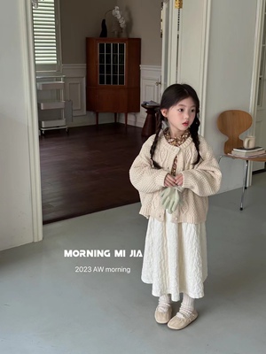 早安米家2023早秋新款 女童碎花衬衫气质优雅花边领上衣白色半裙