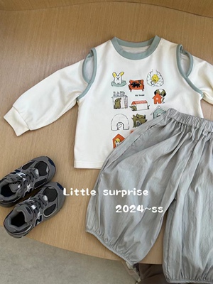 小惊喜24春季新款儿童露肩T恤韩系撞色卡通印花女宝宝上衣打底