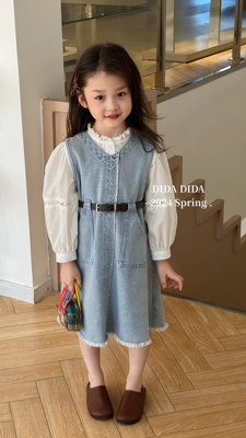 DIDADIDA女童牛仔连衣裙24春款韩系V领纯棉软糯中大童A字裙马甲裙