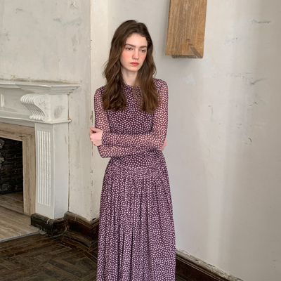 竹依依法式波点长袖薄纱连衣裙女