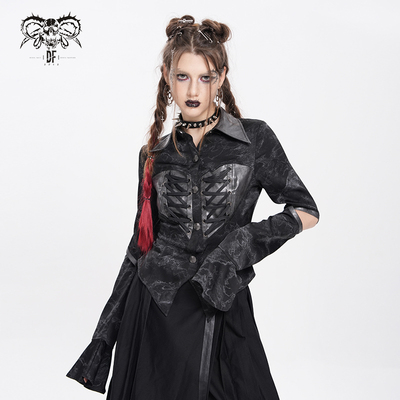 DevilFashion哥特风黑色暗纹拼接皮质衬衫SHT143