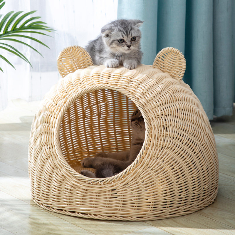 藤编半封闭式猫窝米色凉感设计四季通用LEZIZI品牌