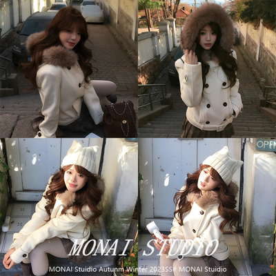 【aunp】韩系毛领双排扣连帽外套