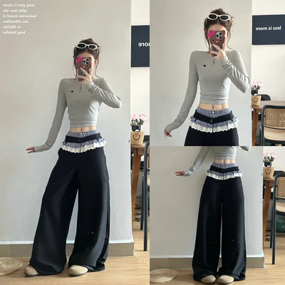 【Amweird~】蕾丝花边拼接阔腿裤