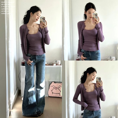 【e7q8~】紫色开衫吊带两件套