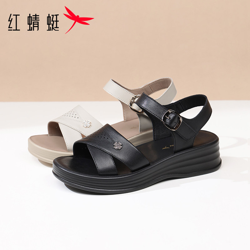 红蜻蜓女士镂空厚底一字带凉鞋女款新款夏季夏天真皮软底牛皮妈妈