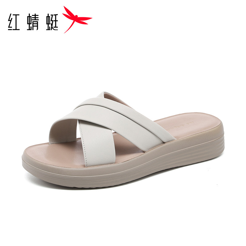 红蜻蜓女鞋厚底软底一字拖女士拖鞋女夏外穿2026新款防滑真皮凉鞋