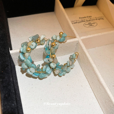 银针度假风海兰宝串珠耳钉跨境新款耳环气质百搭高级感耳饰配饰女