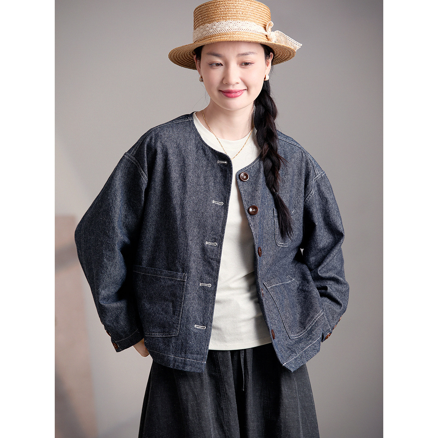 谷家 亚麻棉文艺休闲牛仔短外套 宽松显瘦气质圆领小个子上衣女